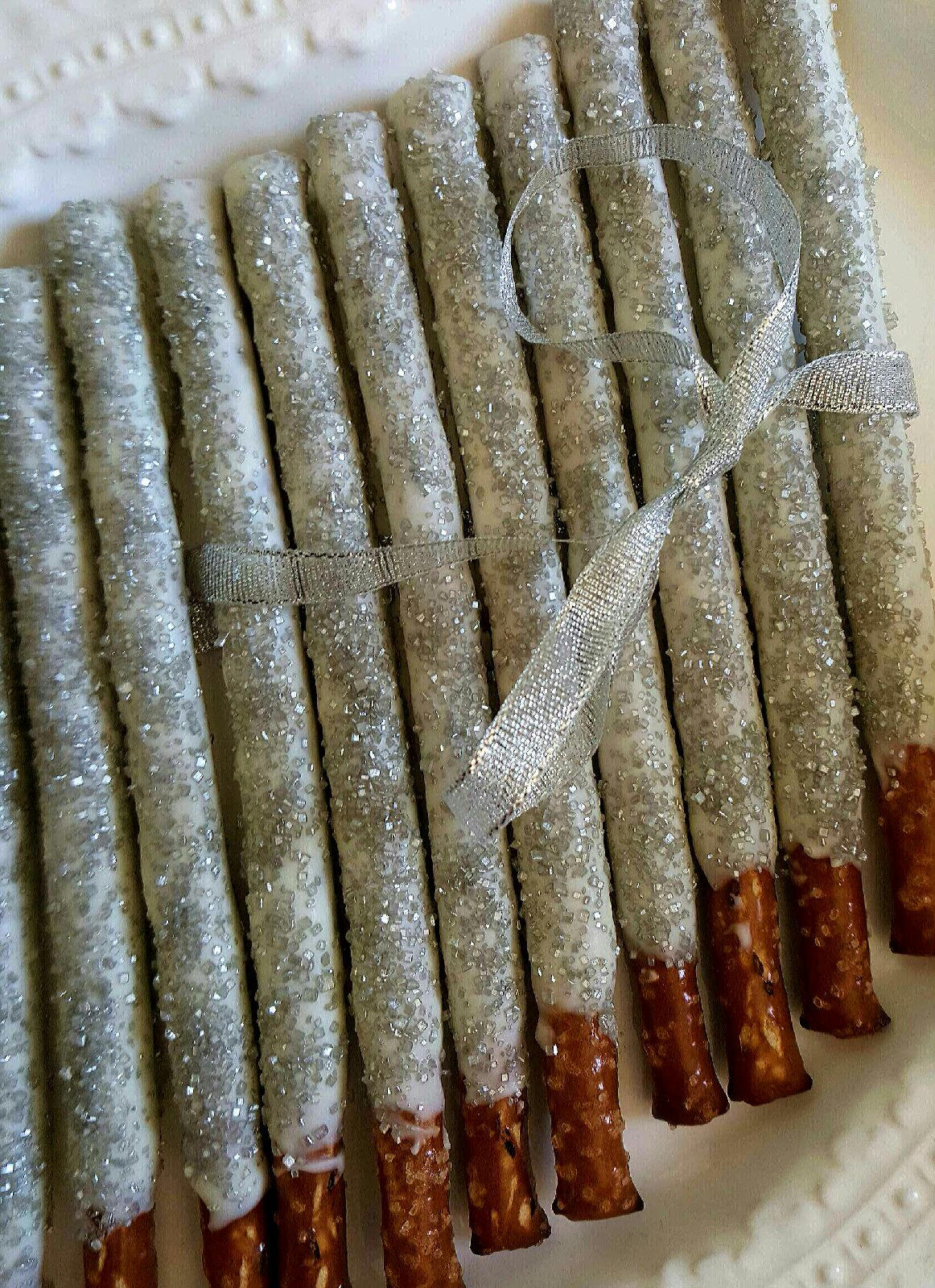 Gourmet White and Silver Chocolate Covered Pretzel Rods - Etsy
