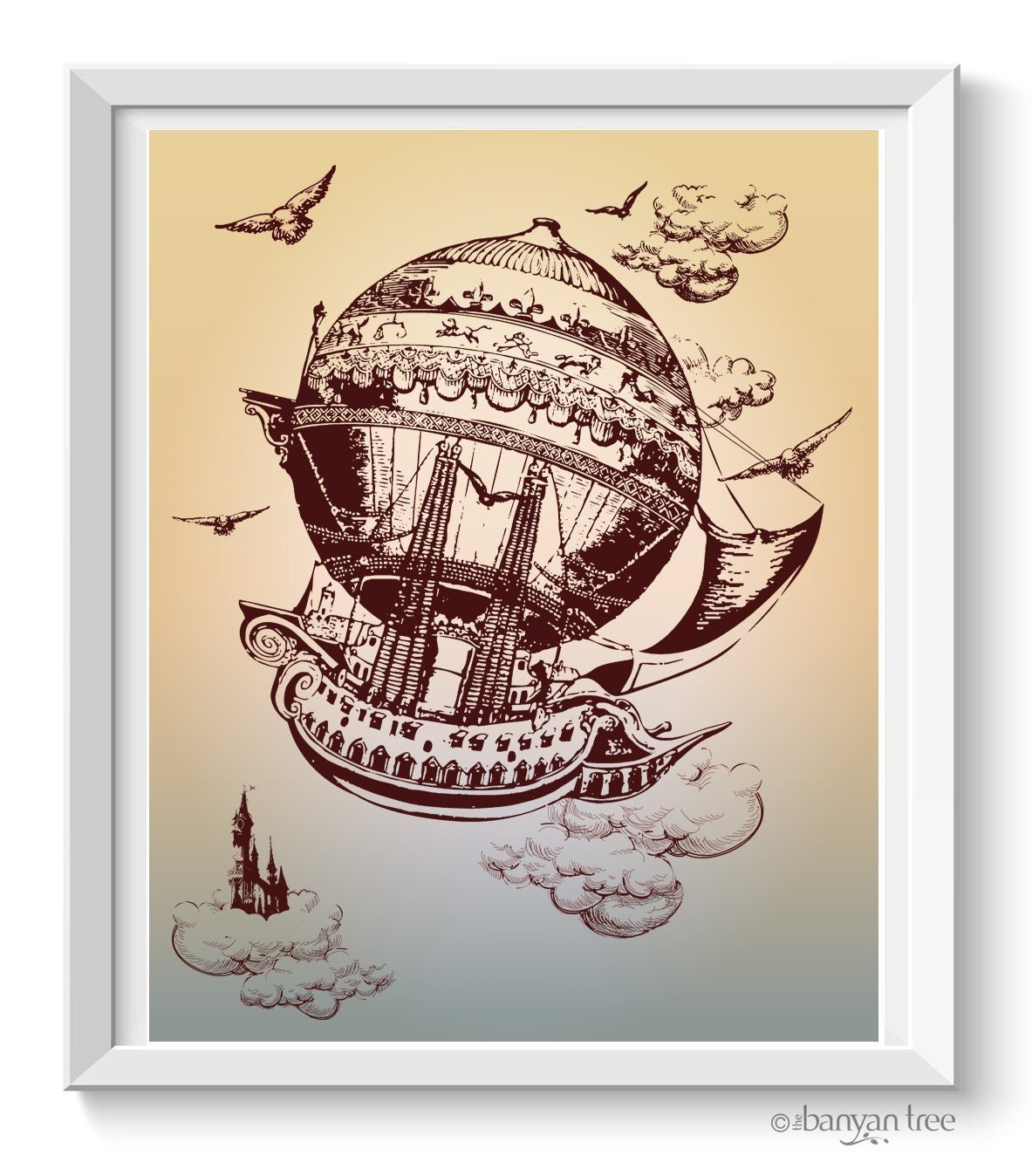Steampunk Flying Airship, Art Print, Vintage Hot Air Balloon Print ...