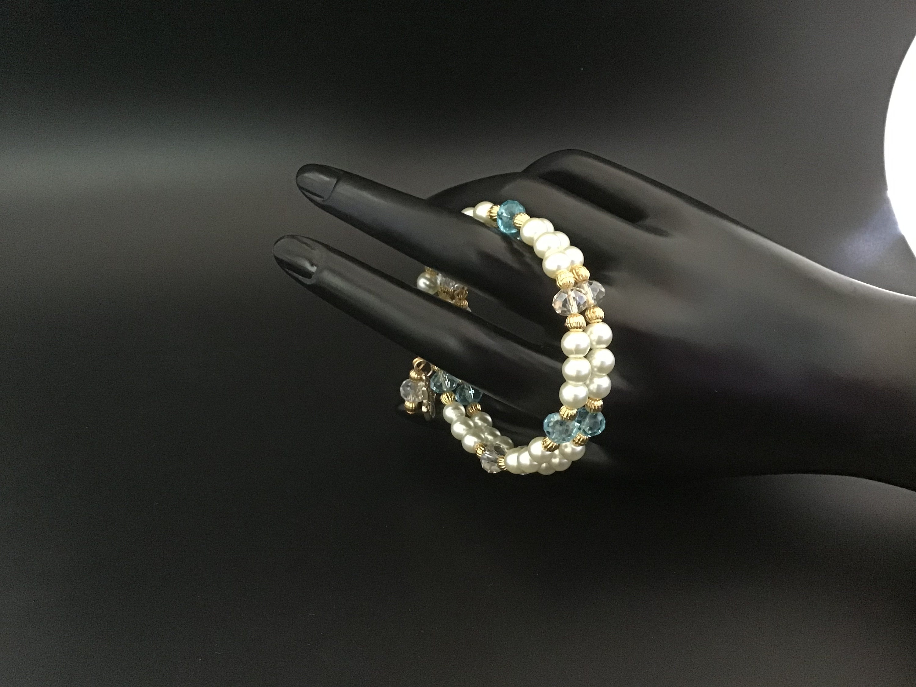 White Pearl 2 Coil Memory Wire Cuff Bracelet; Blue and Clear Crystal ...