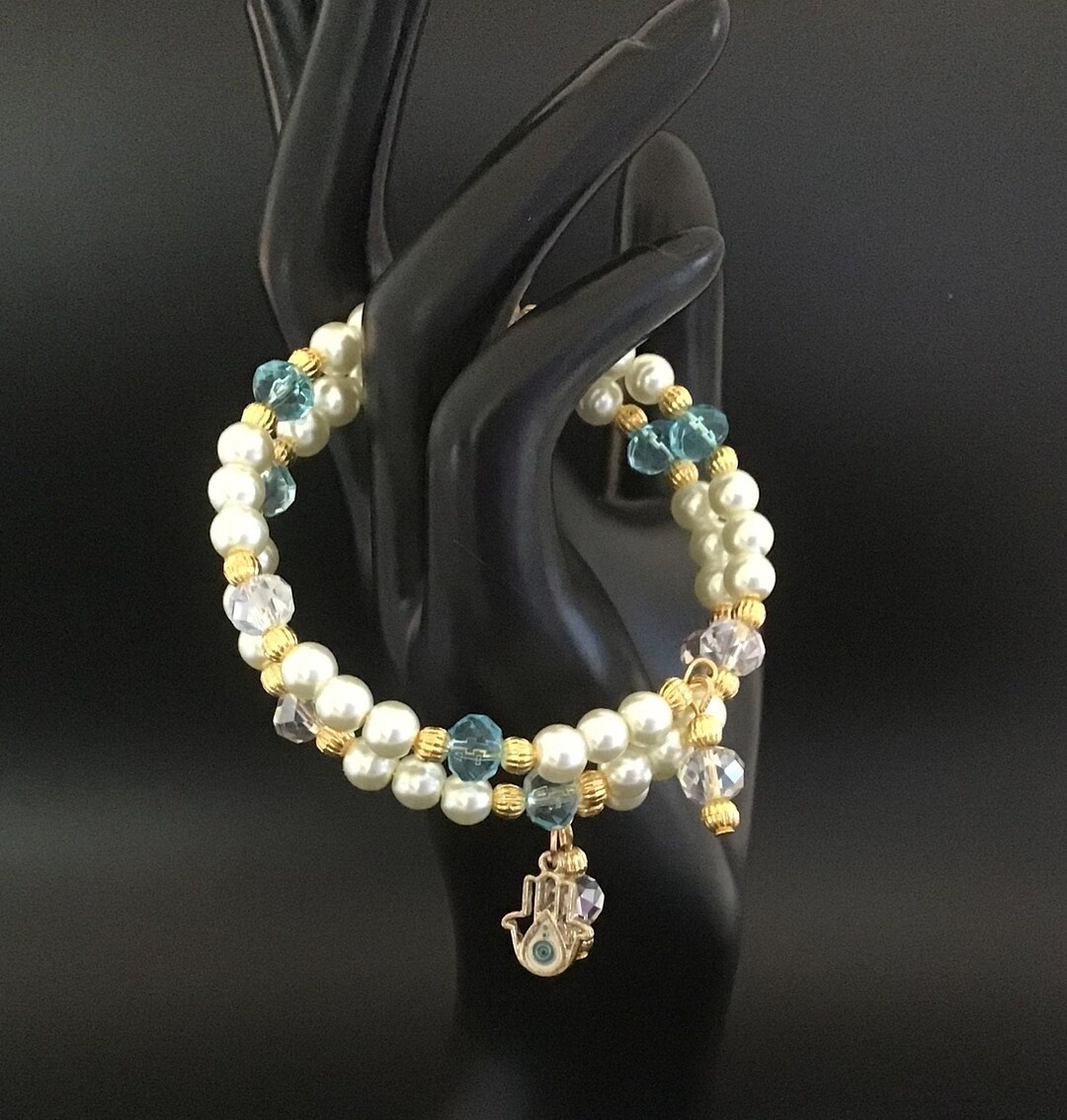White Pearl 2 Coil Memory Wire Cuff Bracelet; Blue and Clear Crystal ...