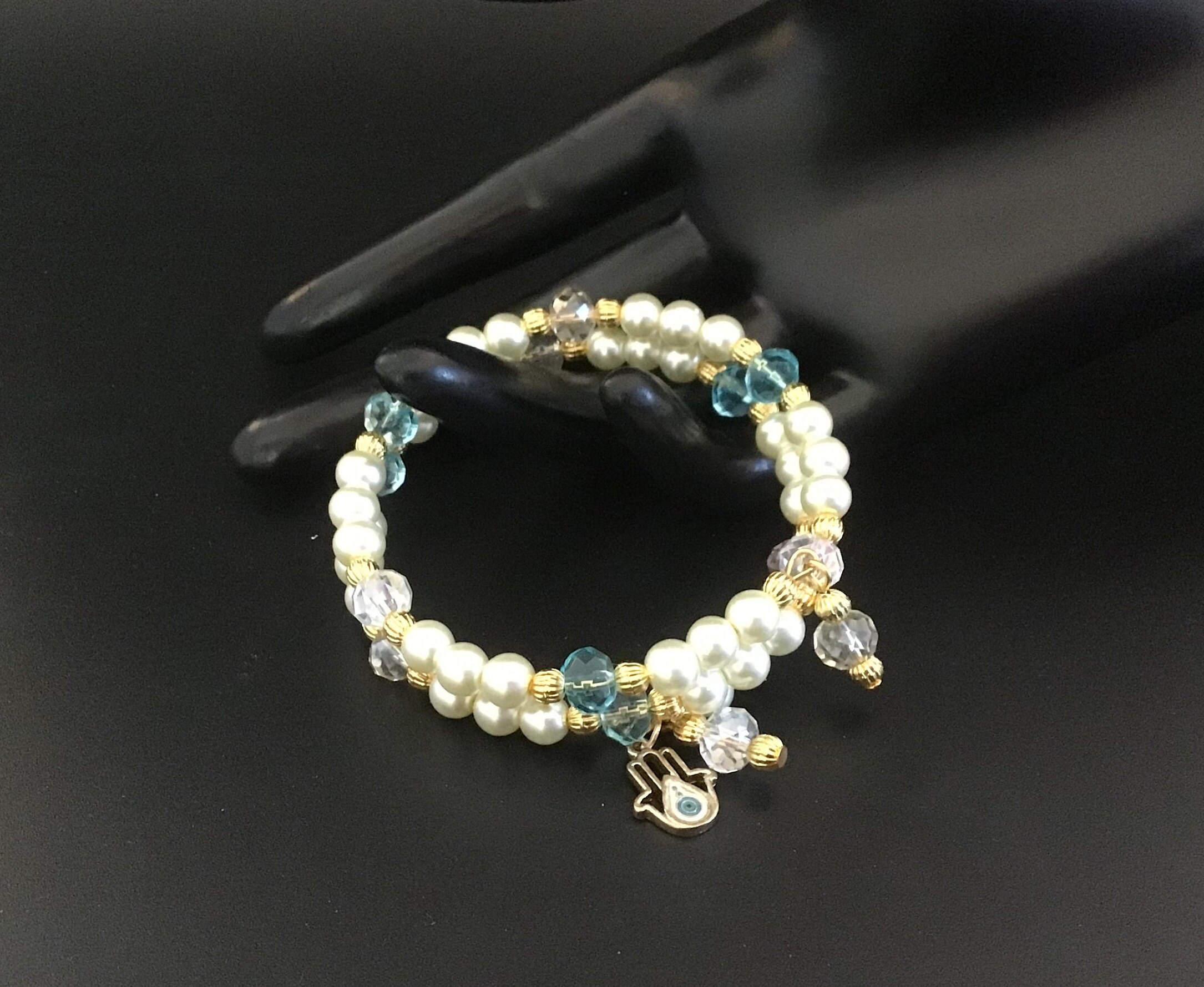 White Pearl 2 Coil Memory Wire Cuff Bracelet; Blue and Clear Crystal ...