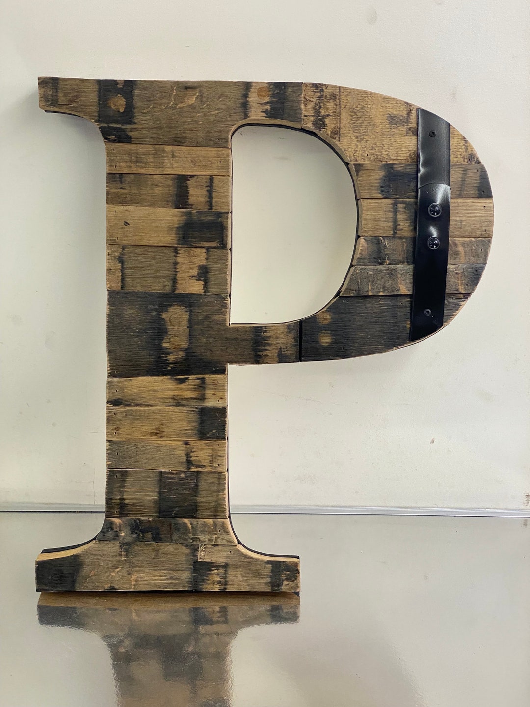 Wooden Letter P Made From Bourbon Barrels. Steel Hoop Accent Option ...