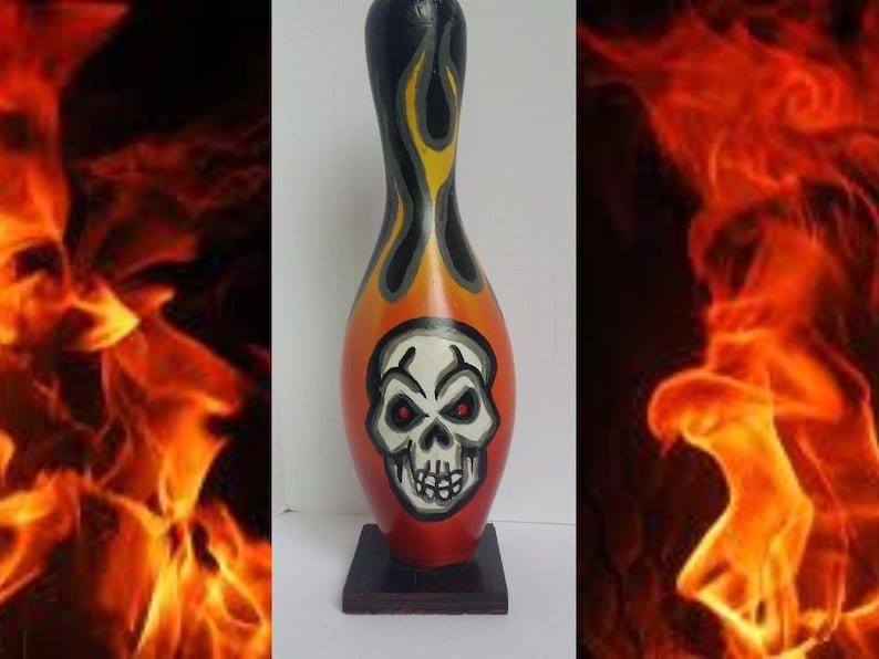 Bowling Pin With Flaming Skull Design, Halloween Art One of a Kind ...