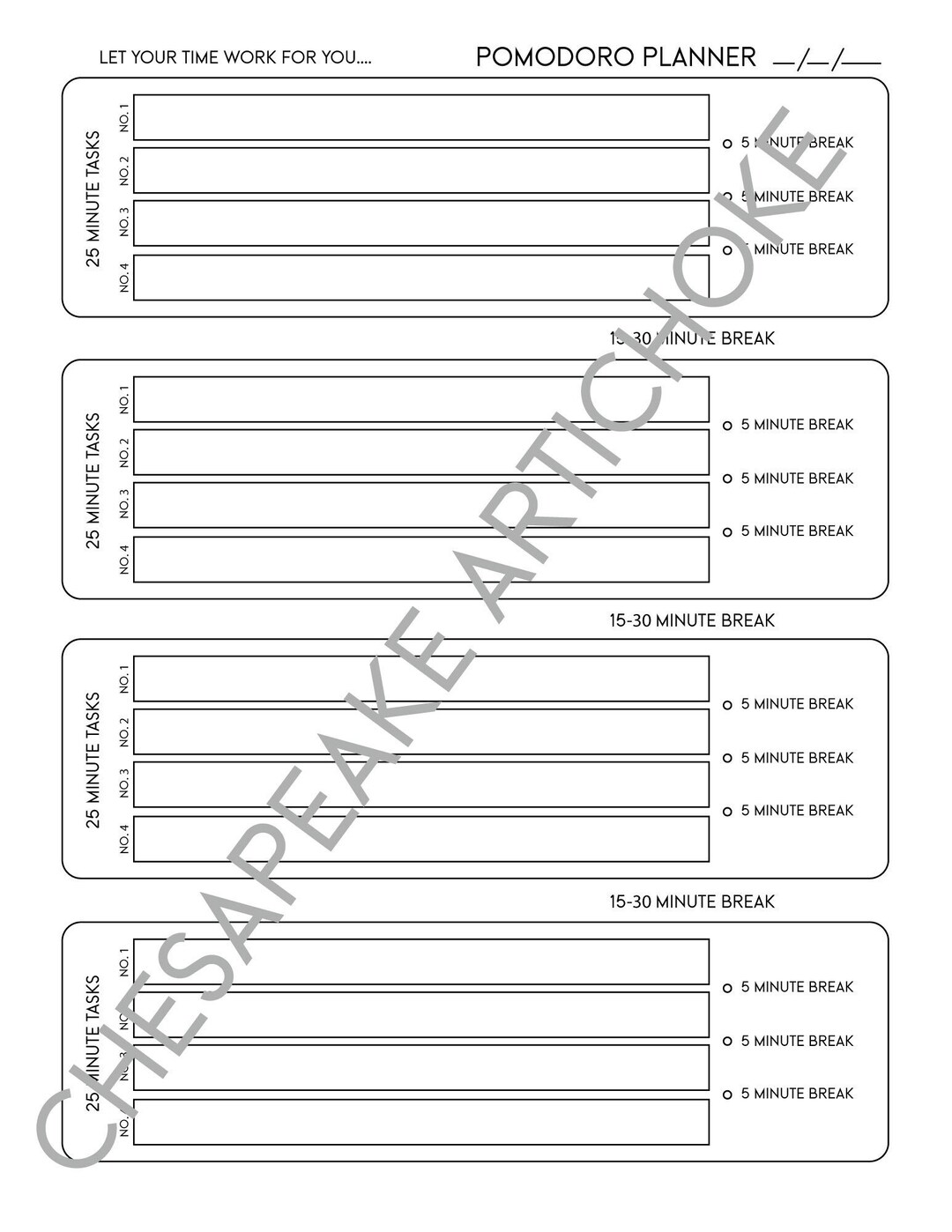 SIMPLE Printable Low Ink Pomodoro Technique Planner Sheet - PDF - Black ...