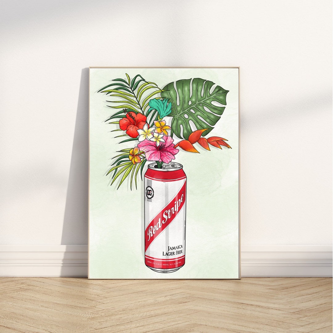 Red Stripe Can and Tropical Flowers Print - Wall Art A4 & A3 - Etsy