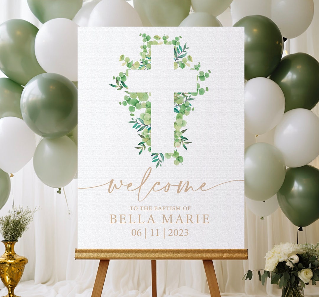 Greenery Baptism Welcome Sign Eucalyptus Baby Christening Cross Welcome ...