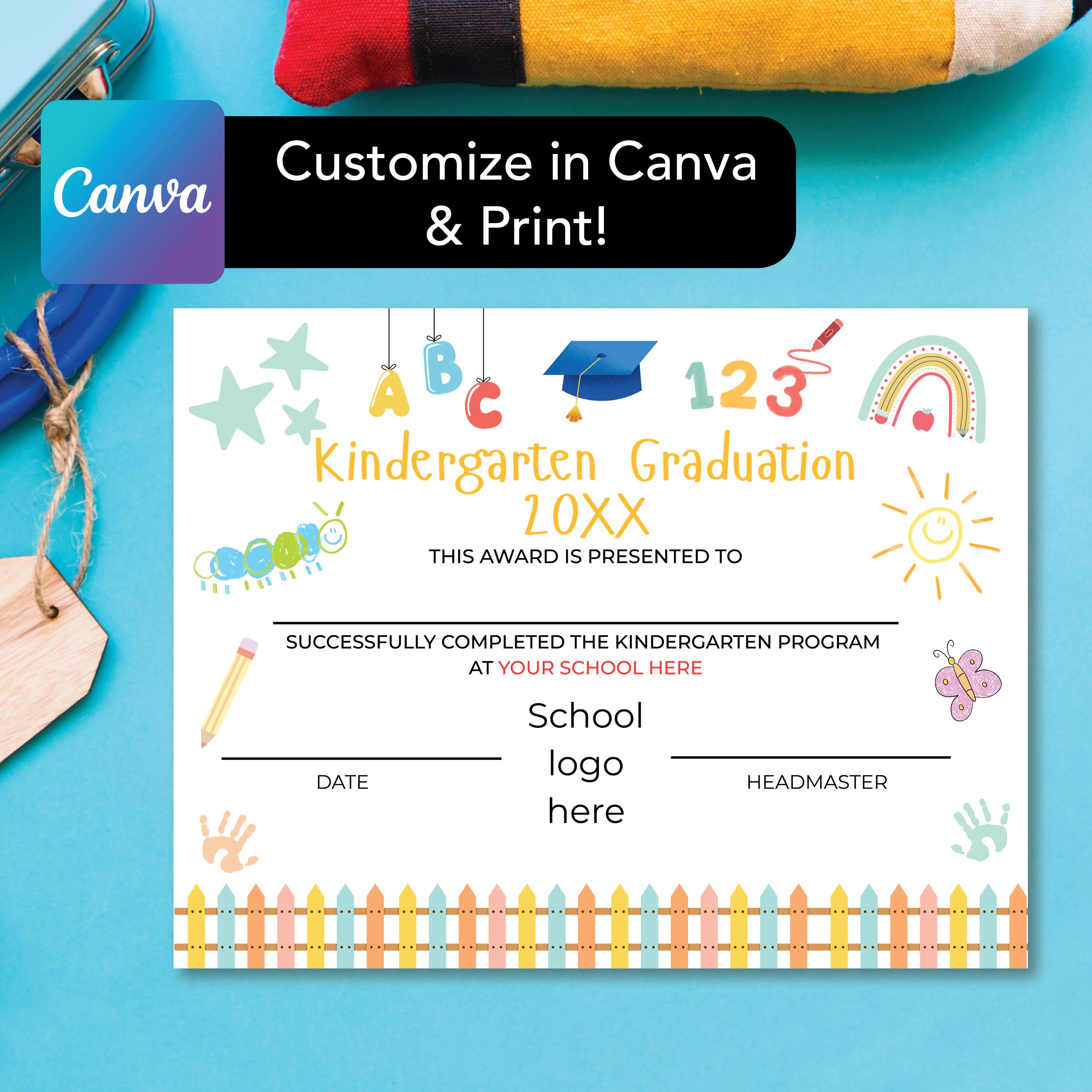 Kindergarten Graduation Certificate - Editable Canva Template, 5K ...
