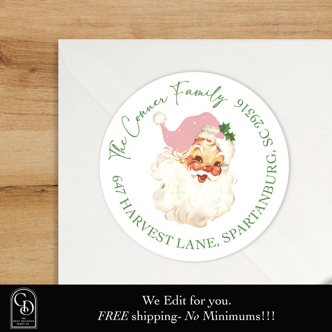 Pink Santa Christmas Address Label Vintage Santa Return Address Label ...