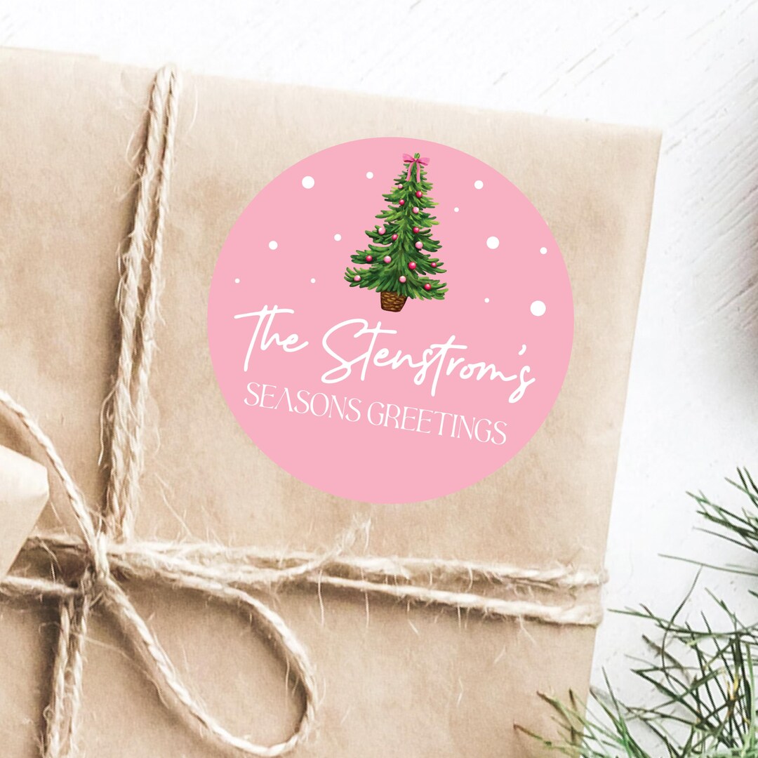 Pink Christmas Tree Custom Holiday Label Christmas Gift Name Sticker ...