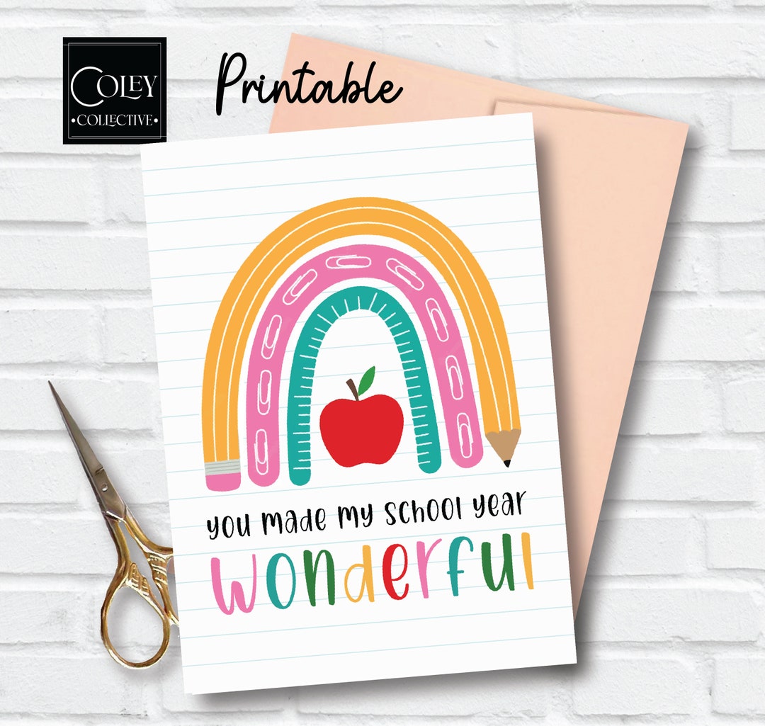 Rainbow Teacher Card Printable Apple & Pencil Rainbow Teacher Card ...