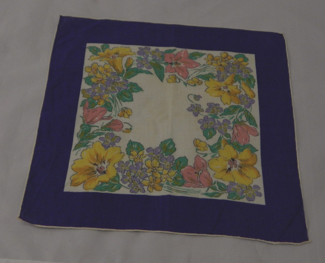 Vintage Pastel Flowered Handkerchief With Purple Trim - Etsy
