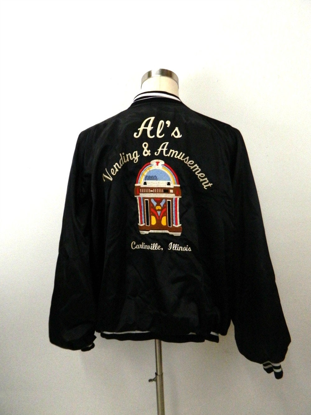 1970s Men's Satin Bomber Jacket...Black Jukebox Vending & | Etsy