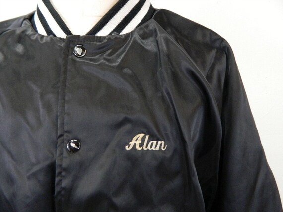 1970s Men's Satin Bomber Jacket...Black Jukebox Vendi… - Gem