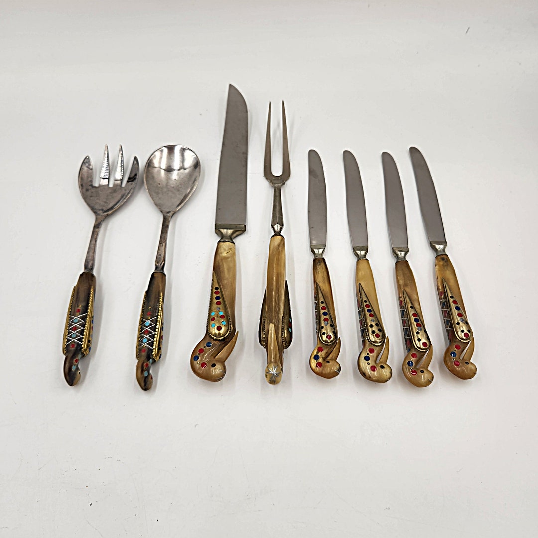 Vintage 1950's 60's Bone Handled Carving Set Salad Set and 4 Serrated ...