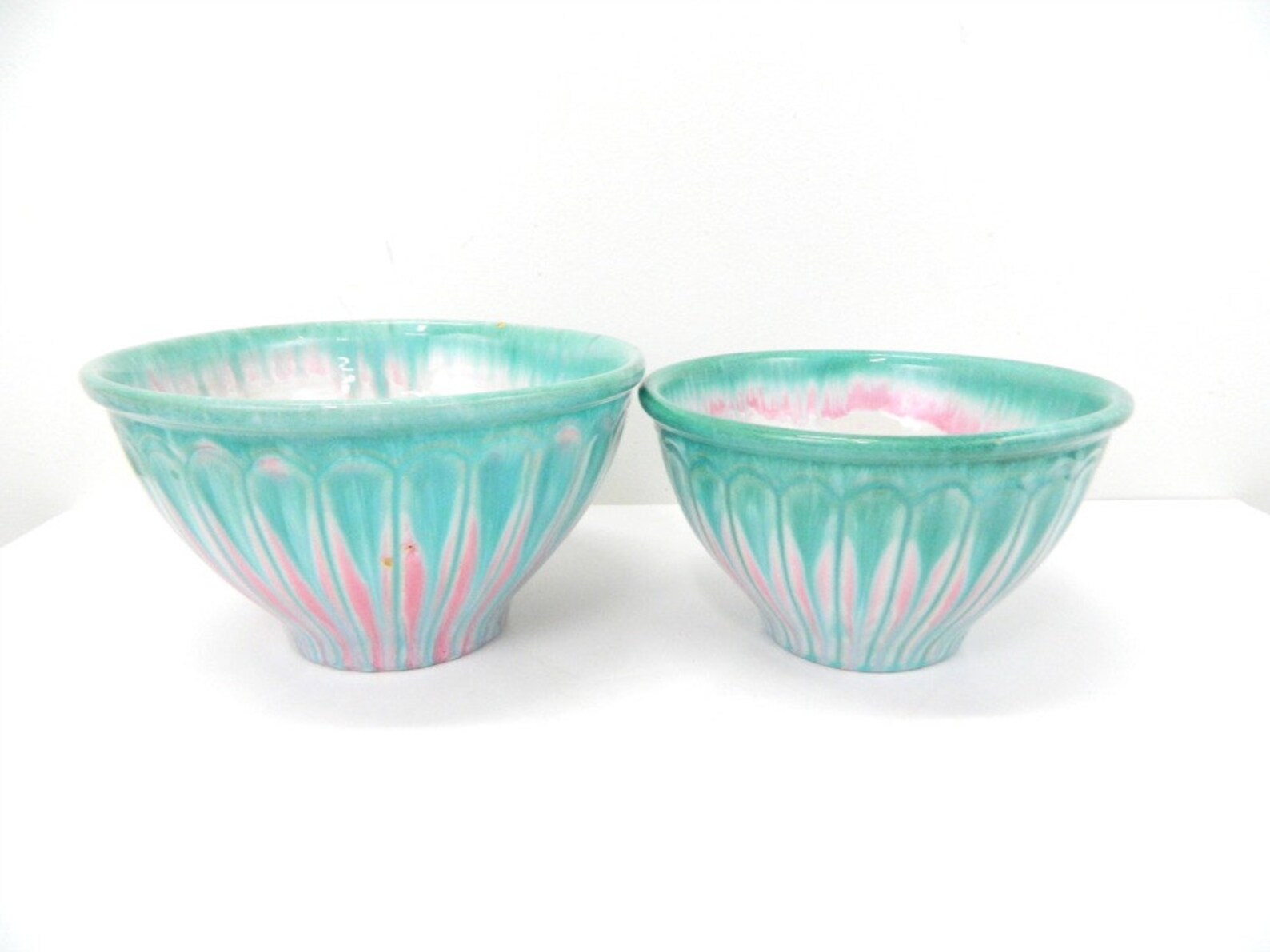 Vintage Drip Pottery Bowls...pair of 2 Matching Bowls...aqua - Etsy