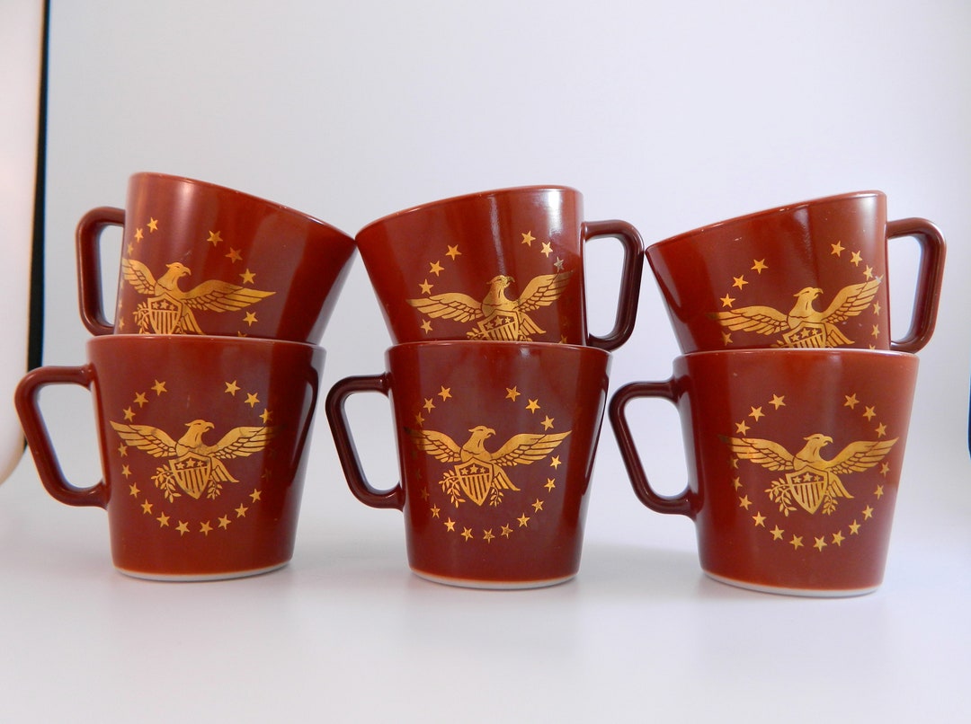 Vintage Pyrex Coffee Mugs ... 1960s Set of 6 Brown With Gold Eagle and ...