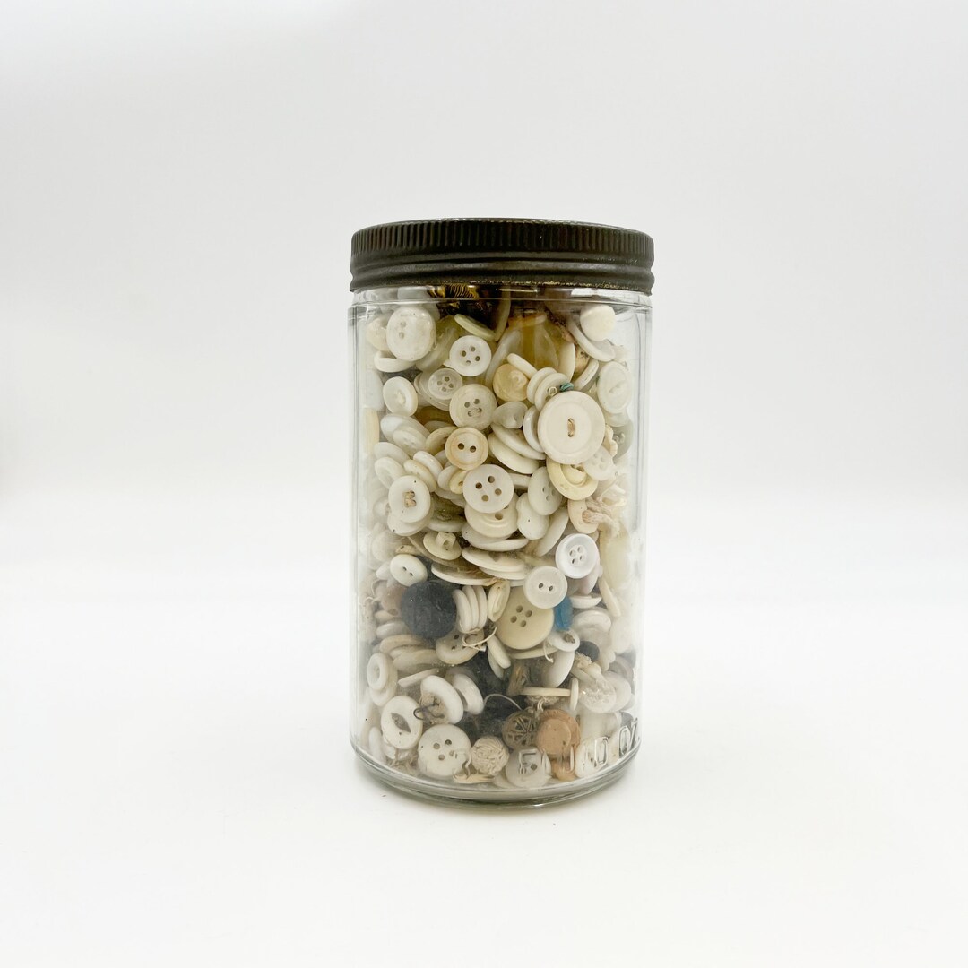 Vintage Jar of Buttons Unsorted Mostly White Buttons in Antique gluey ...