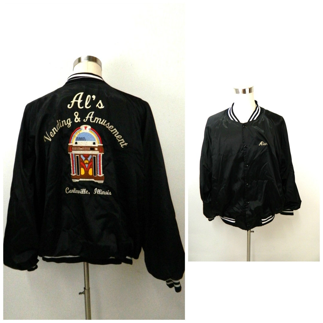 1970s Men's Satin Bomber Jacket...black Jukebox Vending & Amusement ...