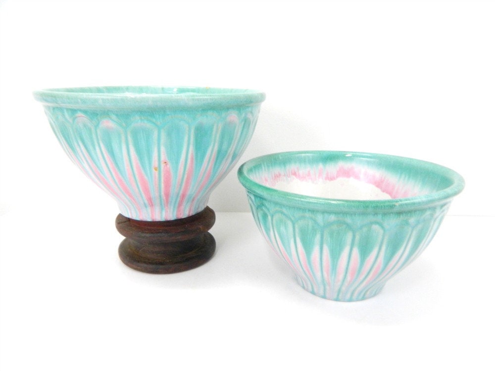 Vintage Drip Pottery Bowls...pair of 2 Matching Bowls...aqua - Etsy