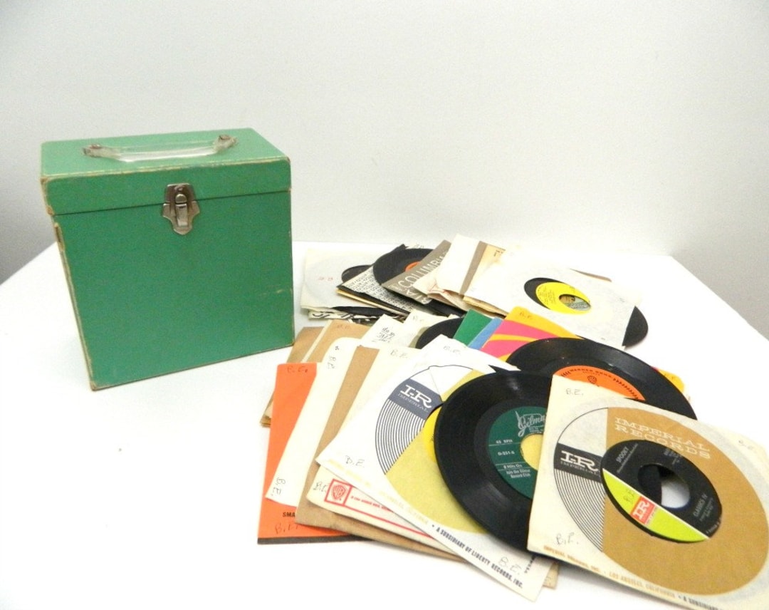 1960s 45 Record LOT & Case...46 Records...green Carrying Storage Case ...