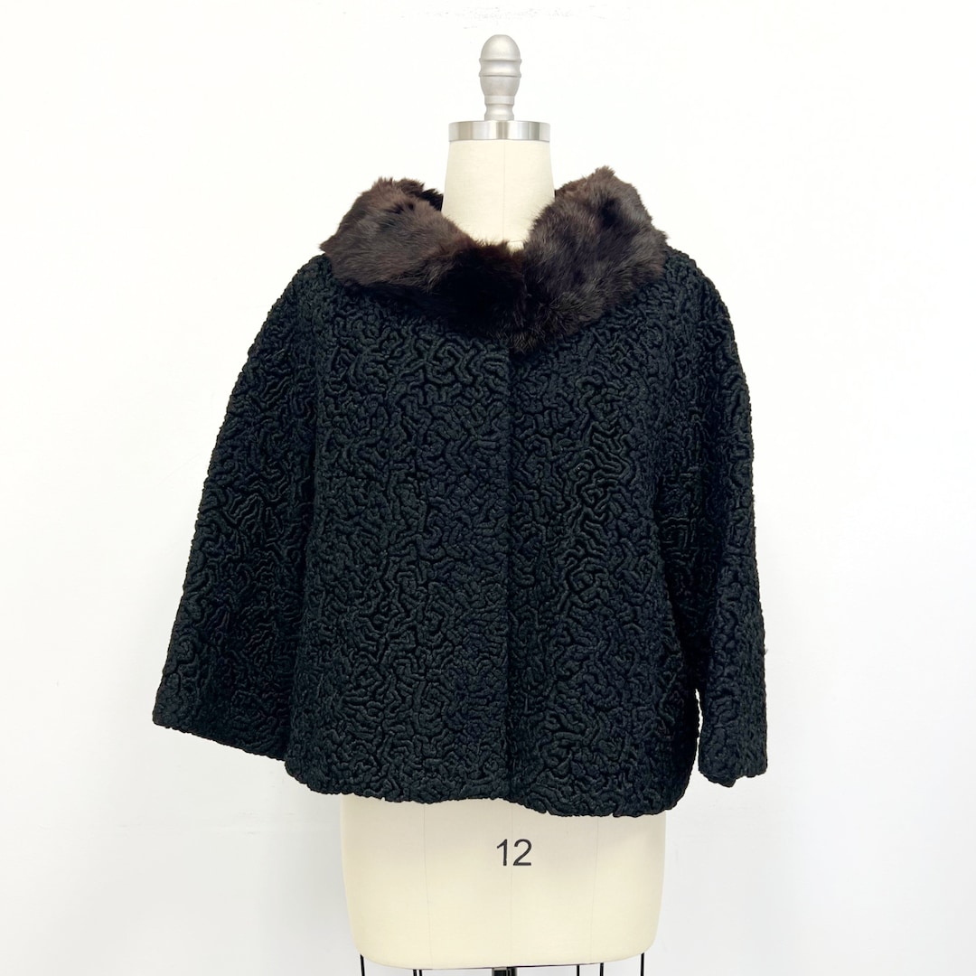 Vintage Curly Lamb Coat With Mink Collar 1950s Black Jacket With Fur ...