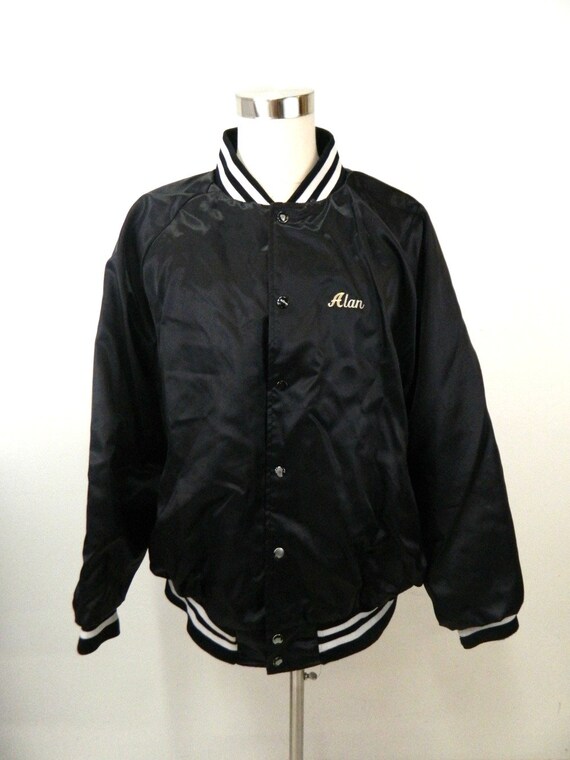 1970s Men's Satin Bomber Jacket...Black Jukebox Vendi… - Gem