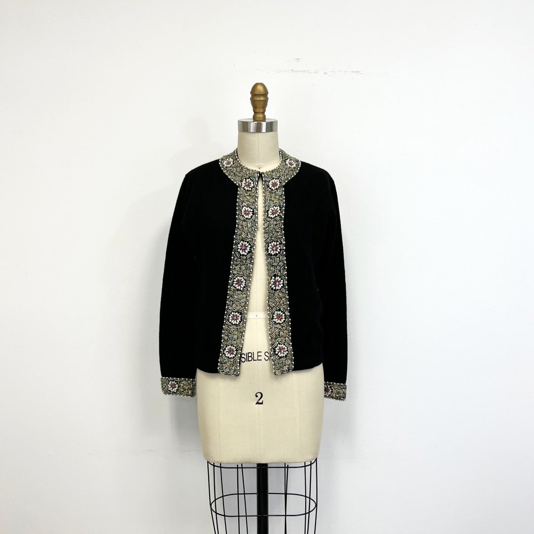 Vintage 50s Beaded Cashmere Angora Cardigan Sweater Black Heavily ...