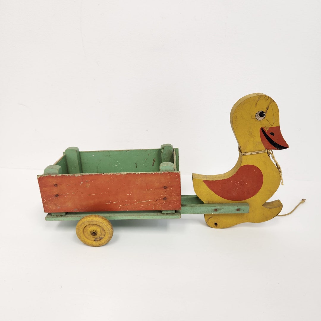 Vintage 1950's Handmade Folk Art Easter Duck and Wagon Wooden Pull Toy ...
