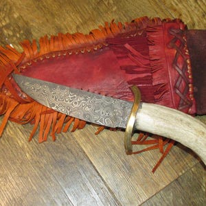 Item #24. Damascus Knife. Brass Guard. Shed Antler Handle. Fringed ...