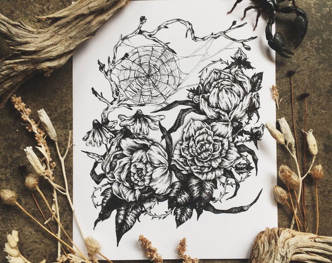 Roses and Spiderweb Art Print Altar Art Dark Art Fine Art Print ...