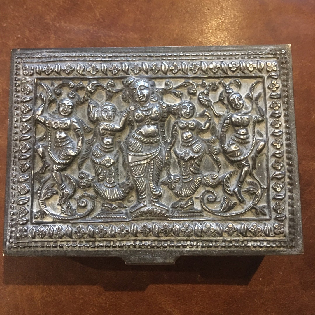 Lovely South Indian Tanjore Silver Box. Elephants & Dancers. Early 20th ...