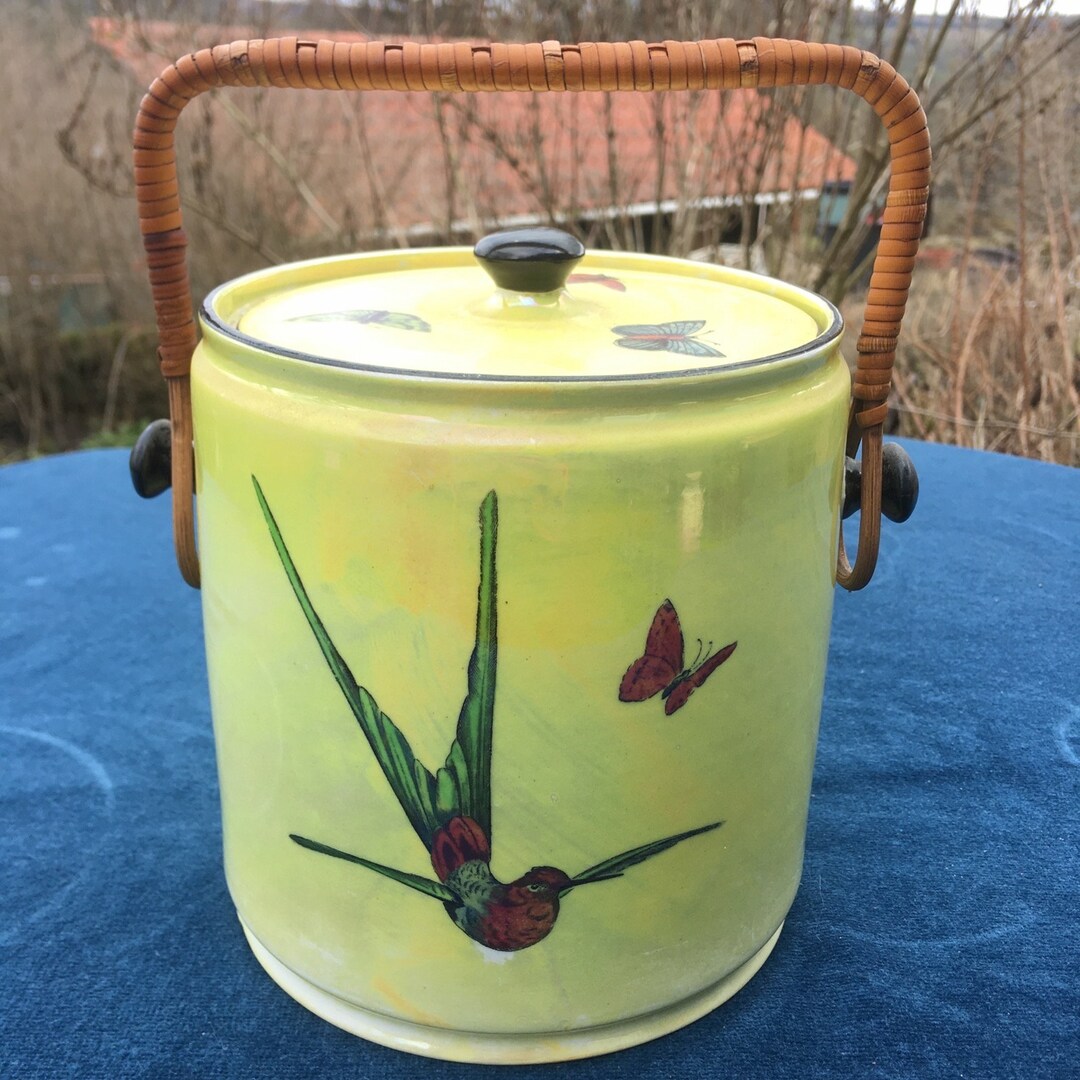 Beautiful Crown Ducal Biscuit Barrel. Lustre Butterflies & Hummingbird ...