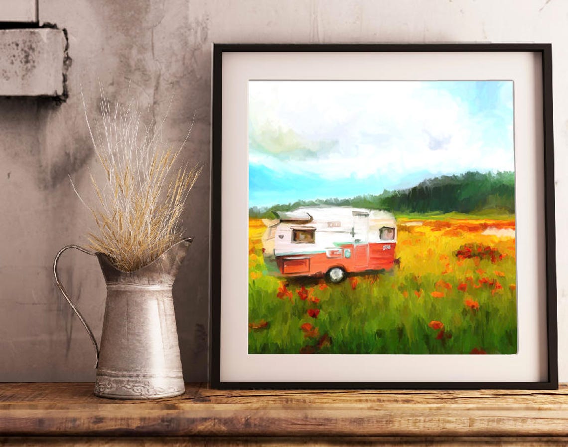 Pink Camper Art Print, Vintage Camper, Vintage Trailer Print, Field of ...