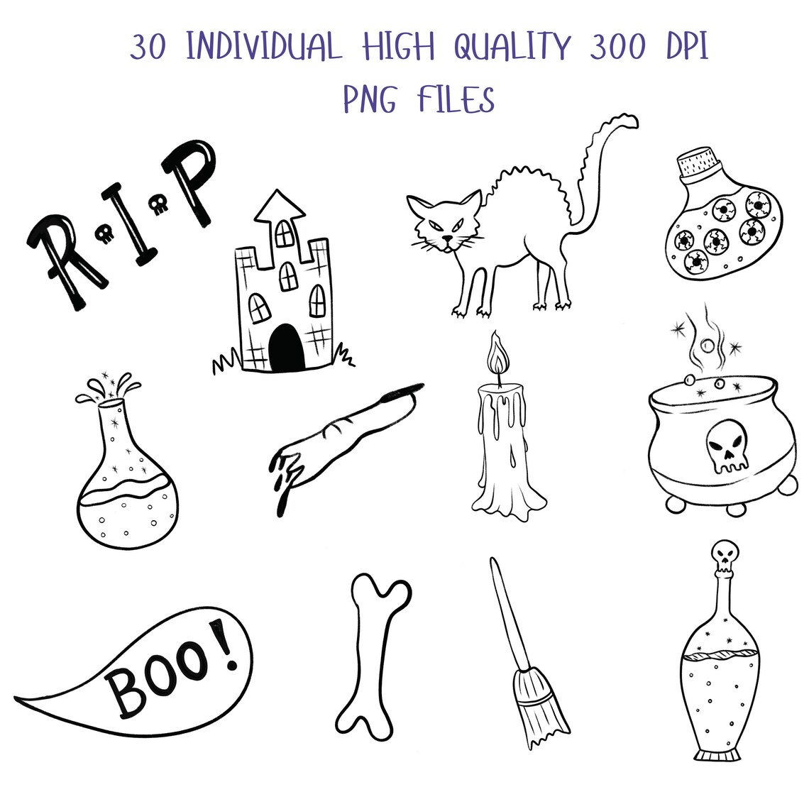 Spooky Halloween Doodles Clipart: 30 Hand-drawn PNG Illustrations ...