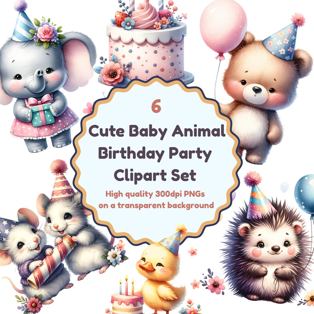 Baby Animal Clipart Set: Kids Birthday Party PNG Graphics (commercial ...