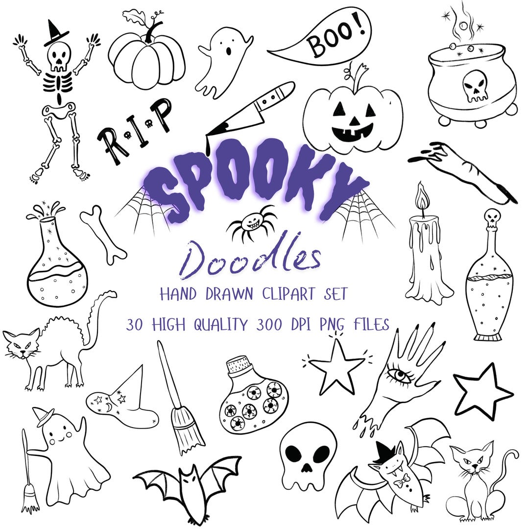 Spooky Halloween Doodles Clipart: 30 Hand-drawn PNG Illustrations ...