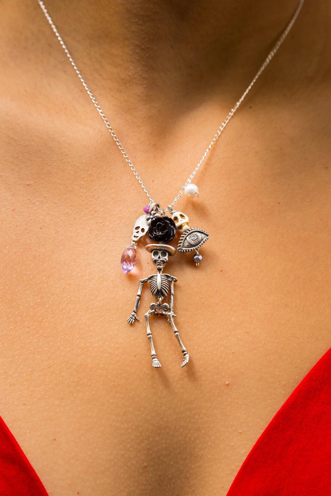 Calaca Silver Pendant, Mexican Fine Jewelry Gift for Her, Sugar Skull ...