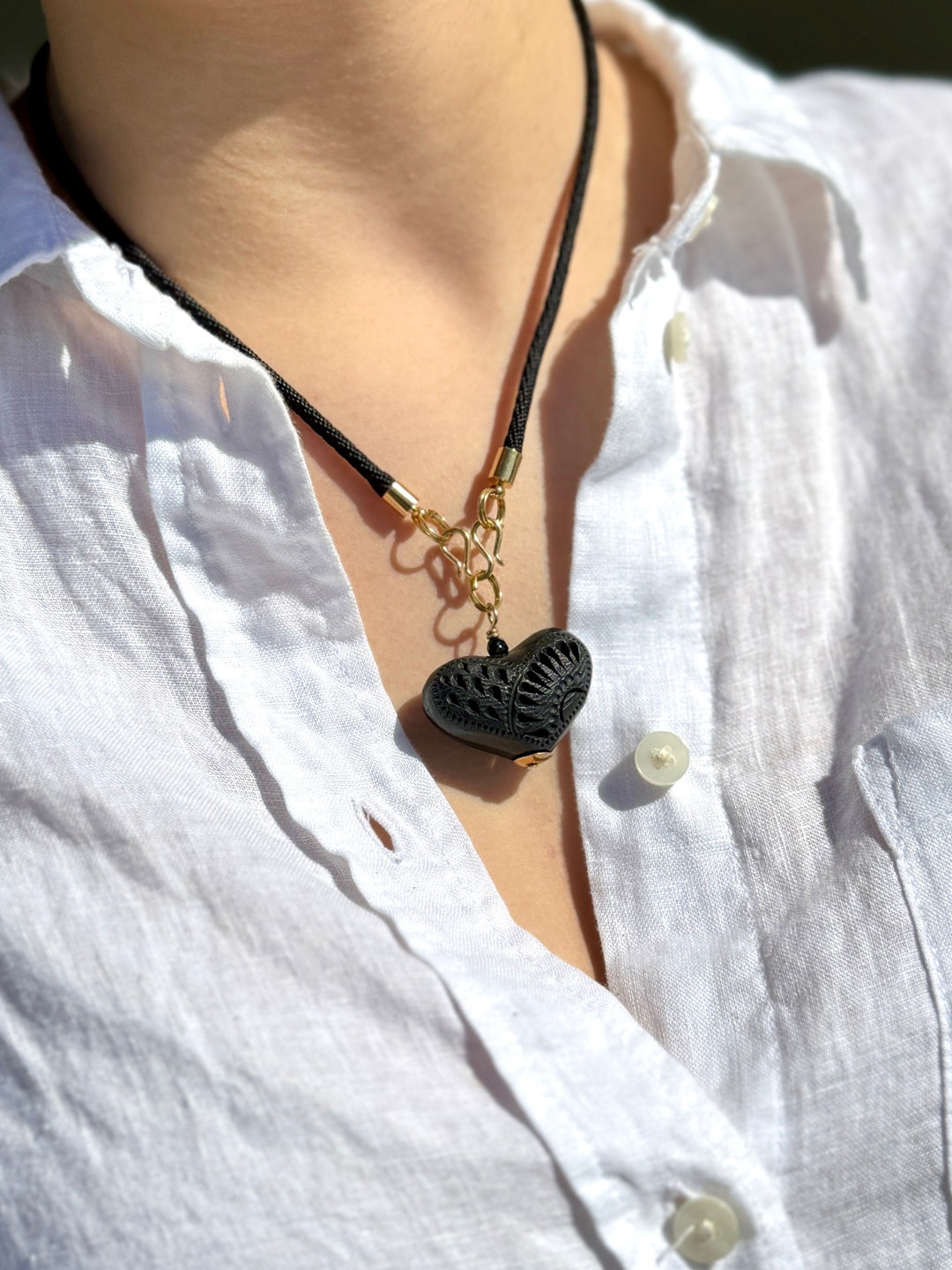 Handmade Barro Negro Heart Pendant Necklace, Mexican Ceramic Jewelry ...