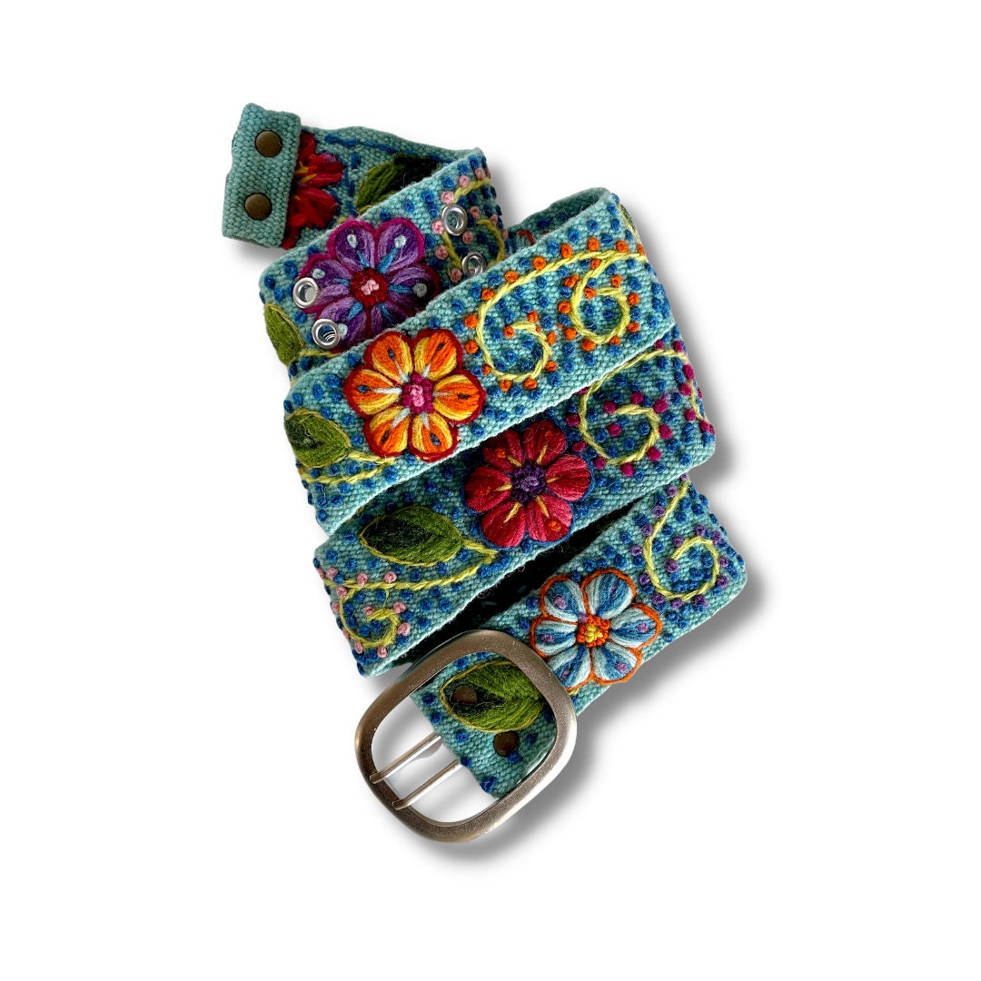 Margaritas Wool Belt. Peruvian Embroidered Belt. Wool Belt in Turquoise ...