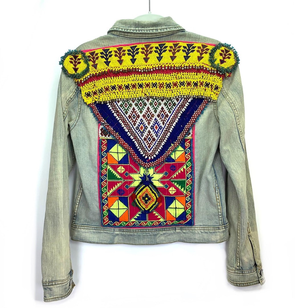 Women's Denim Jacket With Beaded Patches and Fringes - Handmade Unique ...
