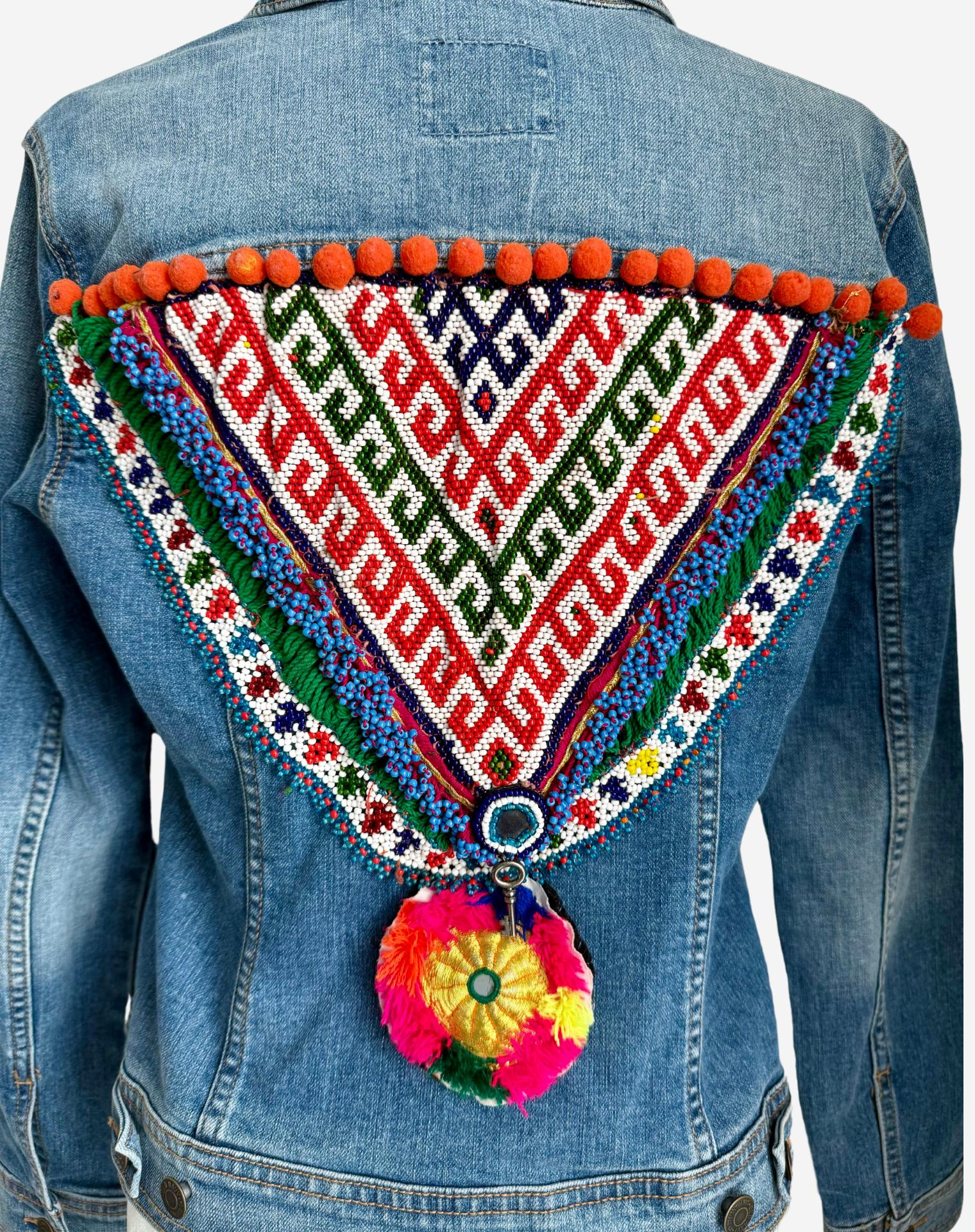 Women's Denim Jacket With Beaded Patches and Fringes - Handmade Unique ...