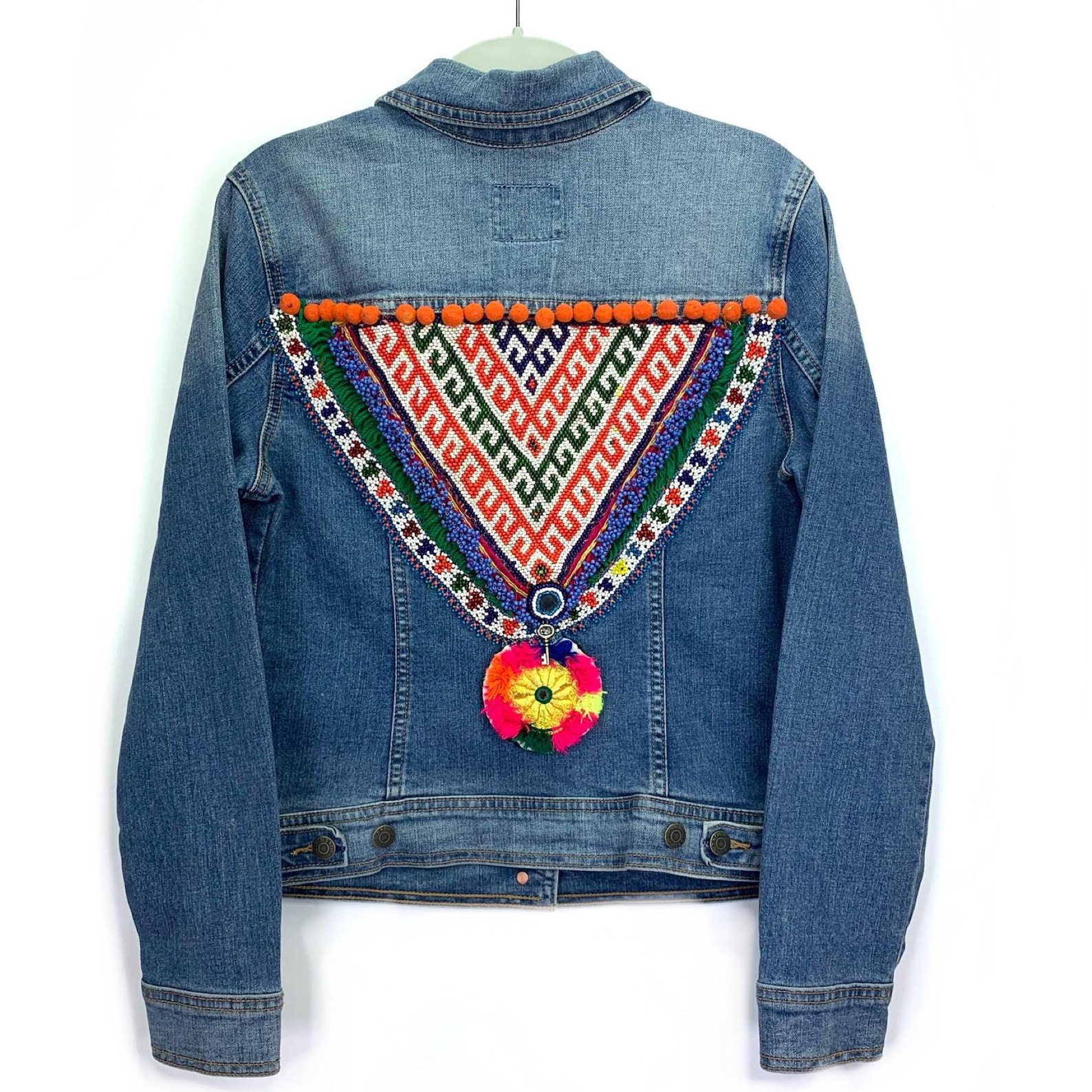 Women's Denim Jacket With Beaded Patches and Fringes - Handmade Unique ...