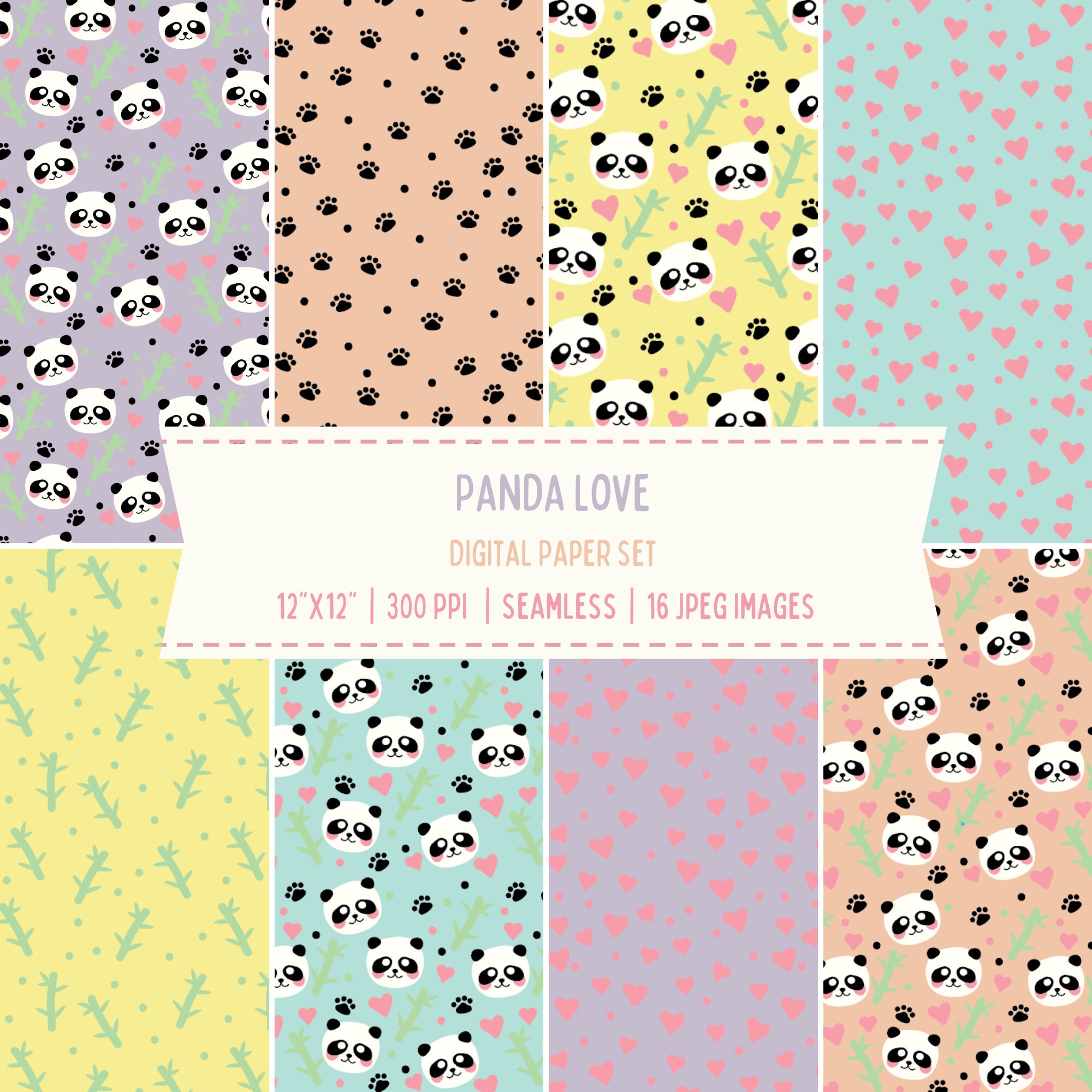 Panda Love Print | Seamless Repeat Pattern | Scrapbook Paper | Digital ...