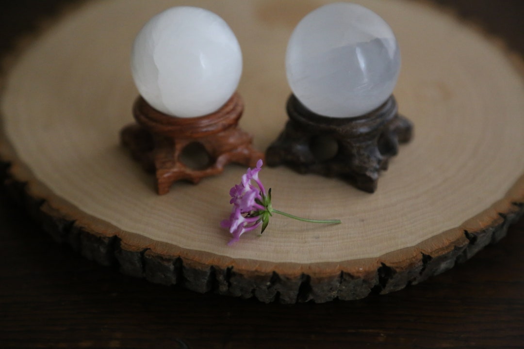 Selenite Sphere With Wooden Stand Selenite Crystal Selenite - Etsy
