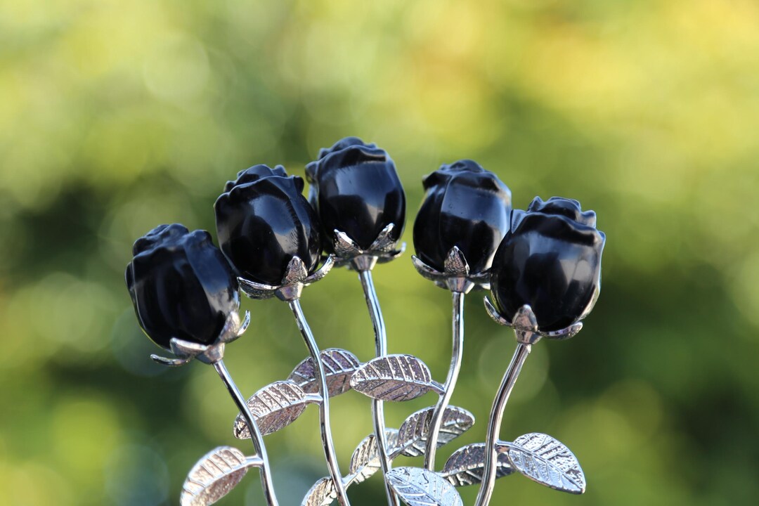 6” Black Obsidian Rose, Crystal Flower, Valentines Day, Goth, A Flower ...
