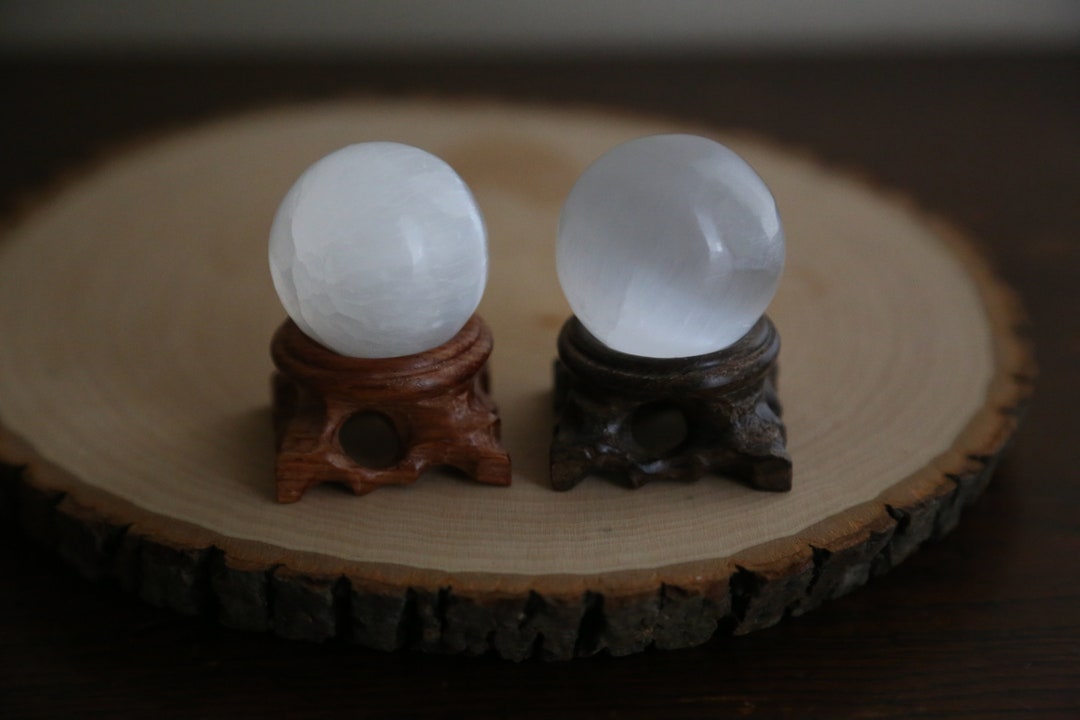 Selenite Sphere With Wooden Stand, Selenite Crystal, Selenite Sphere ...