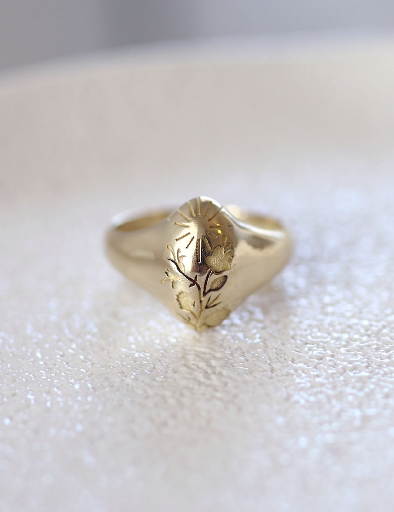 Gold Floral Signet Ring, Solid Gold Engraved Ring, Dome Ring, Signet ...