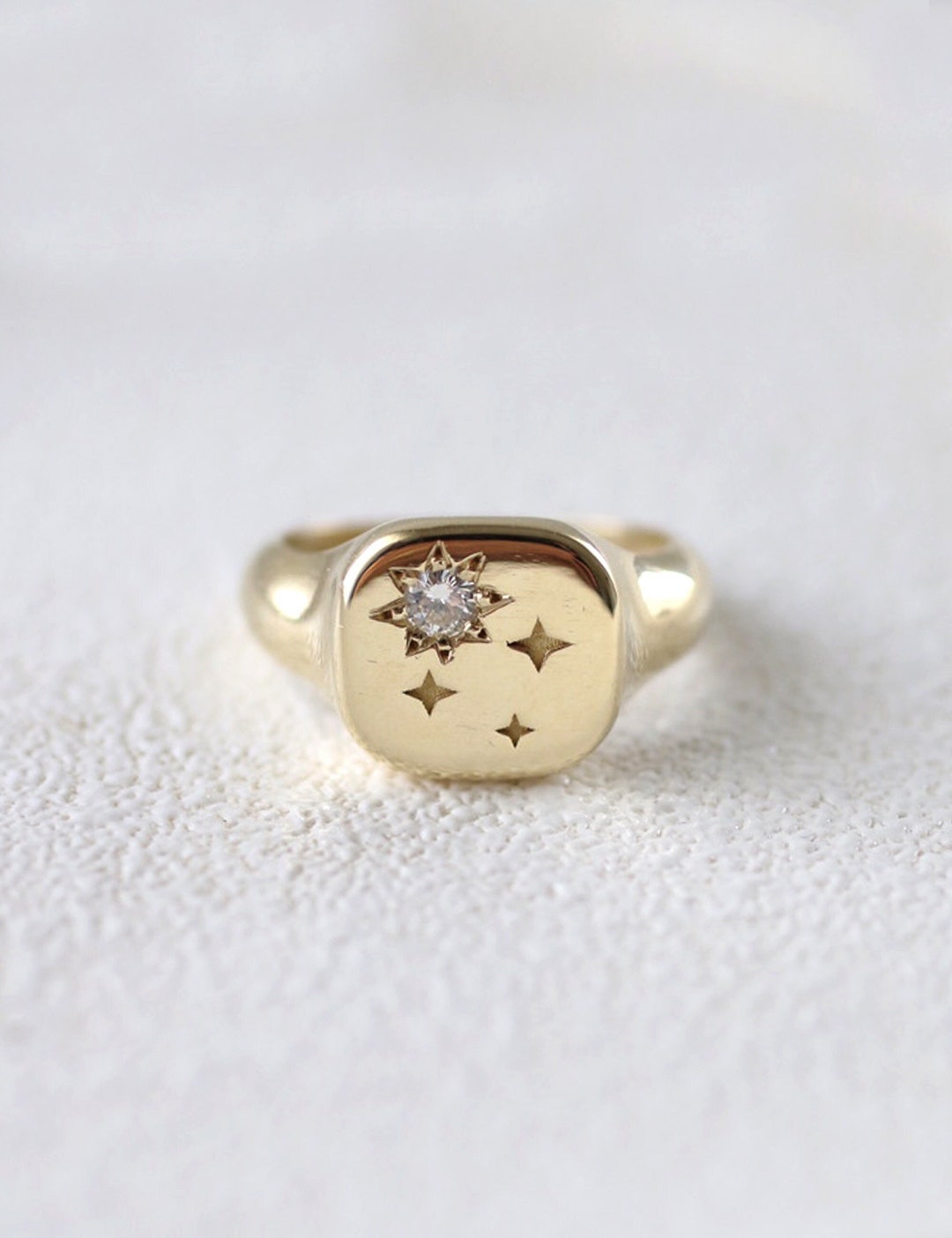 Gold Signet Ring With Diamond, Star Diamond Ring, Celestial Ring - Etsy