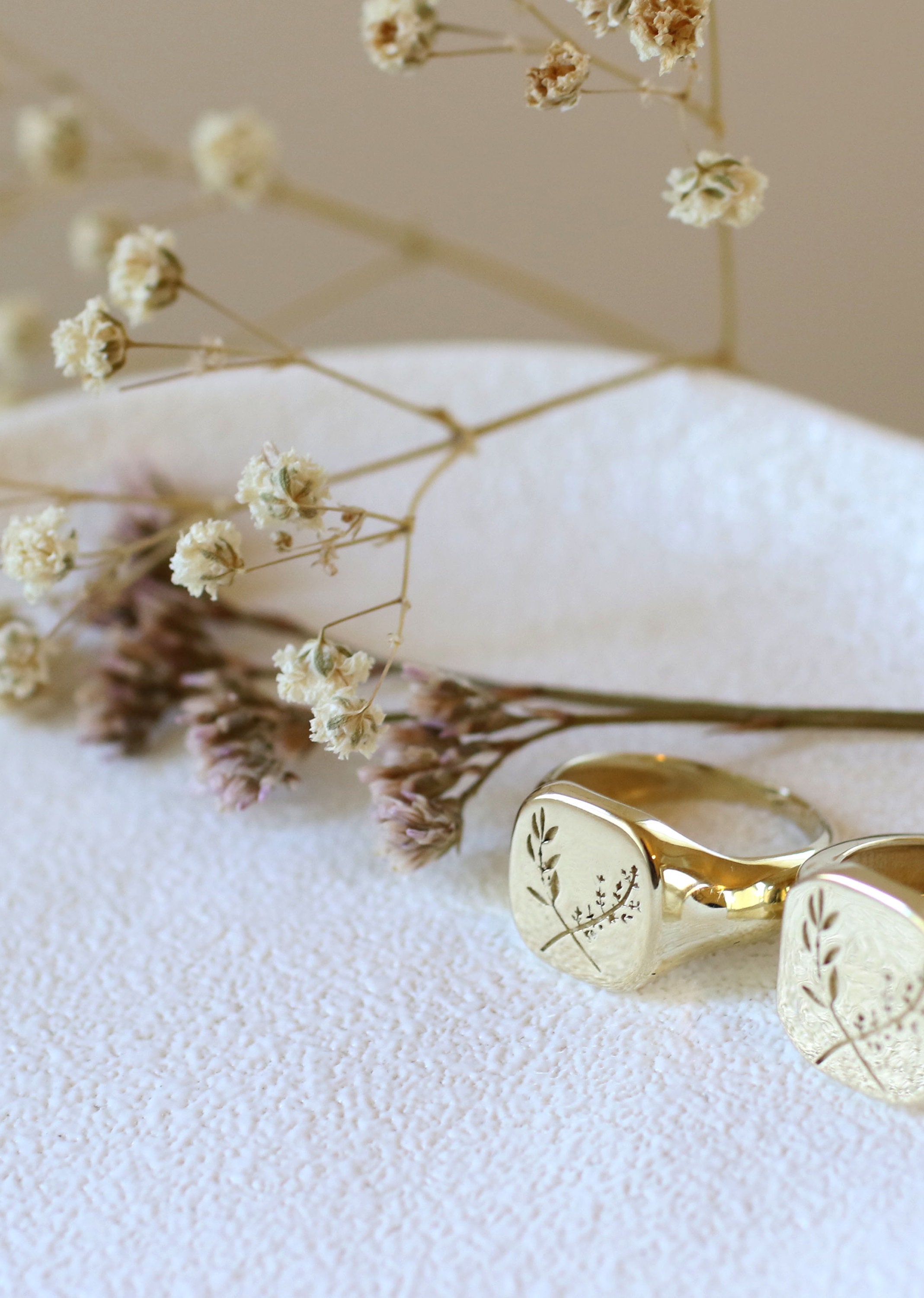 Gold Floral Signet Ring Solid Gold Engraved Ring Herbal | Etsy