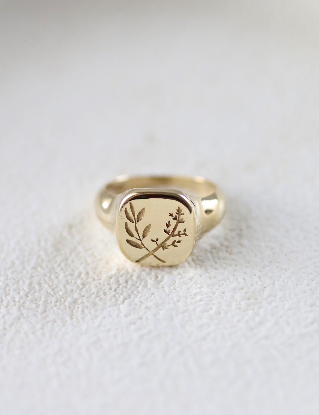 Gold Floral Signet Ring, Solid Gold Engraved Ring, Herbal Ring, Signet ...